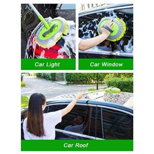 2 in 1 Chenille Microfiber Car Wash Mop Mitt with 46" Aluminum Alloy Long Handle,Car Cleaning Kit Brush Duster,Scratch Free Cleaning Tool Dust Collector Supplies, 2Pcs Mop Head(Green)