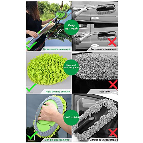 2 in 1 Chenille Microfiber Car Wash Mop Mitt with 46" Aluminum Alloy Long Handle,Car Cleaning Kit Brush Duster,Scratch Free Cleaning Tool Dust Collector Supplies, 2Pcs Mop Head(Green)