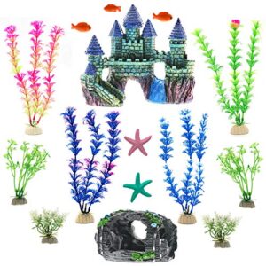 bumiews aquarium decorations castle accessories plastic plants - 15 pack fish tank decoration castle barrel hideouts fish house and cave artificial plants ornament anemone starfish small