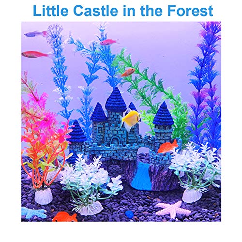 Bumiews Aquarium Decorations Castle Accessories Plastic Plants - 15 Pack Fish Tank Decoration Castle Barrel Hideouts Fish House and Cave Artificial Plants Ornament Anemone Starfish Small