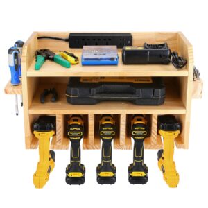 power tool storage, power tools organizer, cordless drill charging station wall mount five drill holder with screwdriver rack and drill bit rack garage storage tool organizer