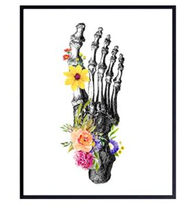 human foot anatomy medical wall art for doctor office, podiatrist, orthopedic medical clinic, podiatry dr - gothic decor - boho floral vintage shabby chic skeleton - gift for women, nurse, rn, cna