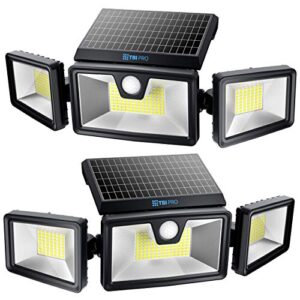 tbi security solar lights outdoor 216 led 2200lm, 6500k - extra-wide adjustable 360° 3 heads with 3 modes,wireless motion sensor 40ft - waterproof ip65 spot flood lights solar powered 2200mah(2 pack)