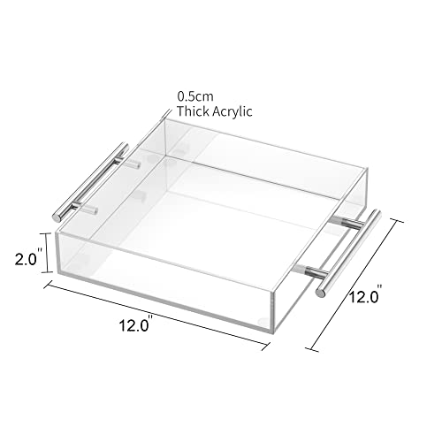 Richboom Clear Acrylic Serving Tray 12"x12" - Coffee Table Living Room Kitchen Decorative Tray with Silver Metal Handles, Bathroom Vanity Tray Perfume Cosmetic Storage Organizer