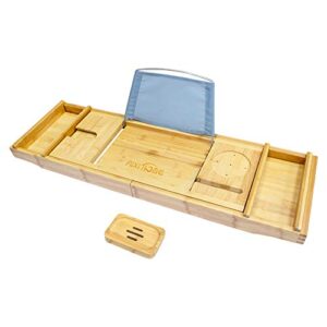 little kuku bathtub tray - bathtub caddy tray for luxury bath - expandable bamboo bathtub tray with book and wine holder - extra soap dish (yellow)