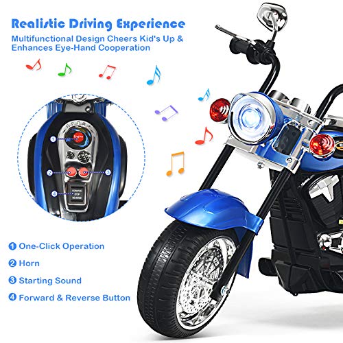 HONEY JOY Kids Motorcycle,6V Battery Powered Toddler Chopper Motorbike Ride On Toy w/Horn & Headlight, Foot Pedal, 3-Wheel Mini Electric Motorcycle for Kids, Gift for Boys Girls(Blue)