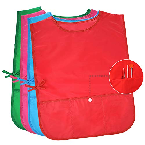 Pllieay 4Pcs 4 Colors Water Resistant Kids Art Smocks with 3 Pockets, Middle Size Children Artist Painting Aprons for Classroom, Kitchen Community Event, Crafts & Art Painting Activity, 5-10 Years