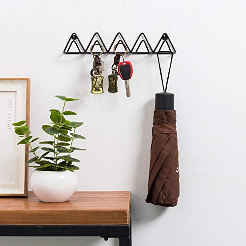 MyGift Wall Mounted Black Metal Entryway Key Organizer Rack, Laynard, Mask and Pet Leash Hanger Holder with 5 Triangle Wire Hooks