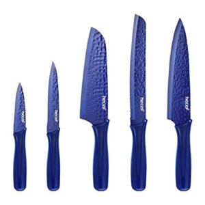 hecef galaxy blue kitchen knife set of 5, non-slip metallic ceramic coated chef knife set, hammered blade with plastic handle and protective blade sheath