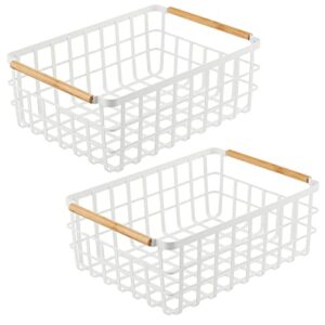 mDesign Metal Wire Storage Organizer Basket with Bamboo Wood Handles for Kitchen Pantry, Rustic Farmhouse Bin to Store Fruit, Coffee, Spices, Supplies, Yami Collection, 2 Pack, Matte White/Natural/Tan