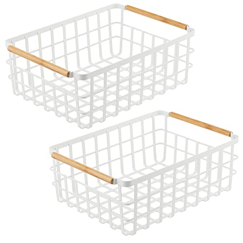 mDesign Metal Wire Storage Organizer Basket with Bamboo Wood Handles for Kitchen Pantry, Rustic Farmhouse Bin to Store Fruit, Coffee, Spices, Supplies, Yami Collection, 2 Pack, Matte White/Natural/Tan