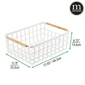 mDesign Metal Wire Storage Organizer Basket with Bamboo Wood Handles for Kitchen Pantry, Rustic Farmhouse Bin to Store Fruit, Coffee, Spices, Supplies, Yami Collection, 2 Pack, Matte White/Natural/Tan