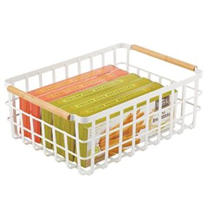 mDesign Metal Wire Storage Organizer Basket with Bamboo Wood Handles for Kitchen Pantry, Rustic Farmhouse Bin to Store Fruit, Coffee, Spices, Supplies, Yami Collection, 2 Pack, Matte White/Natural/Tan