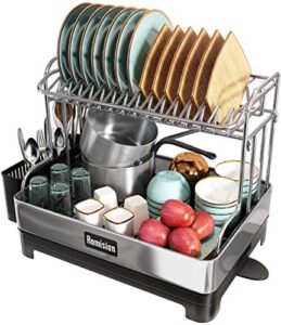 romision dish drying rack, 304 stainless steel 2 tier large dish rack and drainboard set with swivel spout drainage, full size dish drainer with utensil holder for kitchen counter of big family