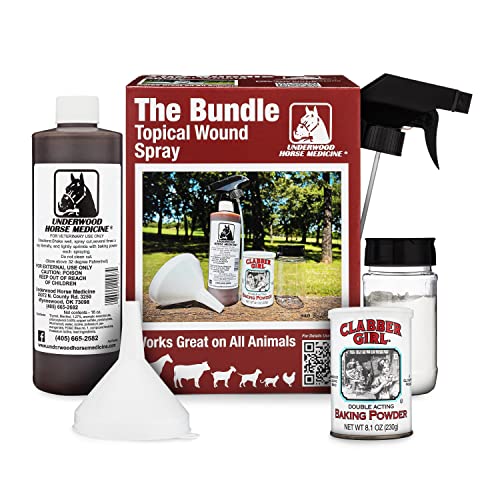 Topical Wound Spray Kit - 16 oz Refill Bottle w/ Baking Powder, Funnel, Spray Trigger, & Shaker - No Sting Antiseptic Spray for Wounds for Faster Healing - Wound Care for Equine and Other Farm Animals