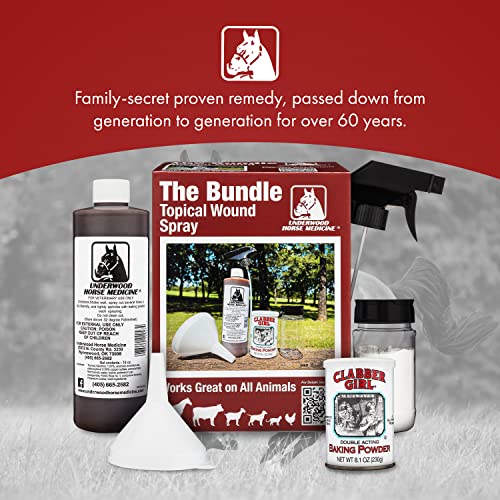 Topical Wound Spray Kit - 16 oz Refill Bottle w/ Baking Powder, Funnel, Spray Trigger, & Shaker - No Sting Antiseptic Spray for Wounds for Faster Healing - Wound Care for Equine and Other Farm Animals