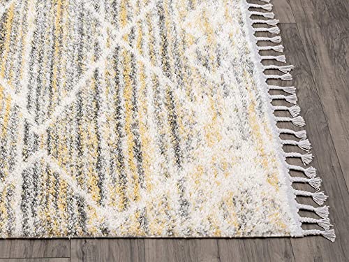 Abani Modern 5'3" X 7'6" Grey, Cream & Yellow Shag Area Rug Rugs Plush Contemporary Boston Collection Tassel Rug