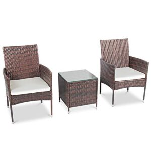 Recaceik, 2 upholstered top Dining （Brown） Patio, 3 Piece Set Outdoor Space-Saving Rattan Glass Tables and Chairs