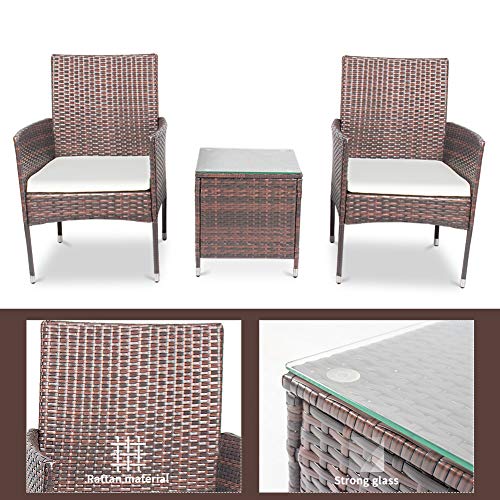 Recaceik, 2 upholstered top Dining （Brown） Patio, 3 Piece Set Outdoor Space-Saving Rattan Glass Tables and Chairs