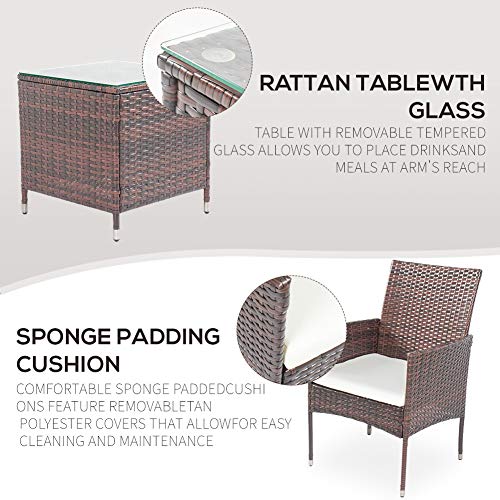 Recaceik, 2 upholstered top Dining （Brown） Patio, 3 Piece Set Outdoor Space-Saving Rattan Glass Tables and Chairs