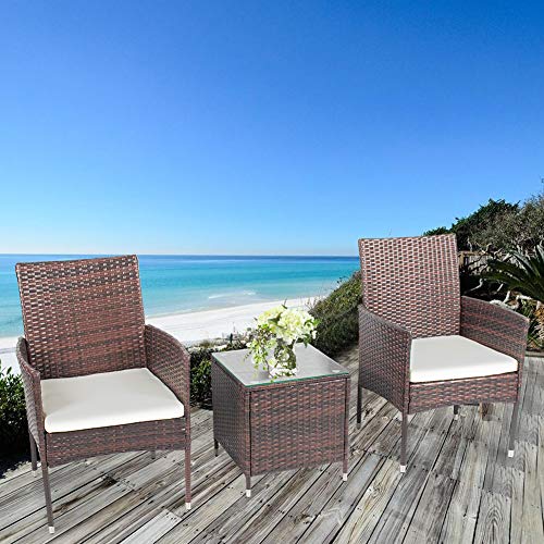 Recaceik, 2 upholstered top Dining （Brown） Patio, 3 Piece Set Outdoor Space-Saving Rattan Glass Tables and Chairs