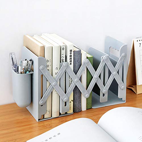 Autek Adjustable Bookend with Pen Holder Desktop Bookshelf Book End ABS Rack Desk File Book Storage Ideal Book Organizer for Home, School and Office White