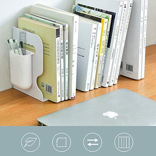 Autek Adjustable Bookend with Pen Holder Desktop Bookshelf Book End ABS Rack Desk File Book Storage Ideal Book Organizer for Home, School and Office White