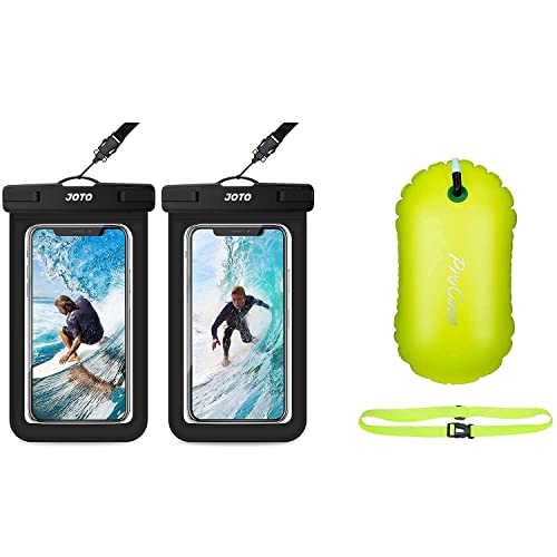 JOTO (2 Pack Universal Waterproof Pouch for iPhone 11 Pro Max, Galaxy S20 Note 10+ up to 6.9" Bundle with Swim Buoy Float (Neon Yellow)