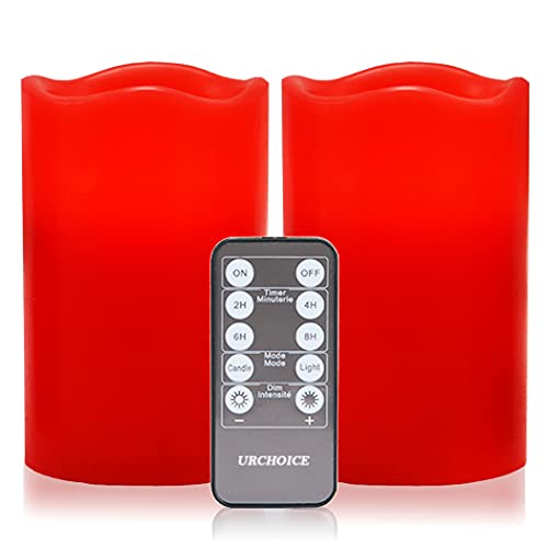 Urchoice Red Flameless Candles Battery Operated Pillar Real Wax Realistic Flickering Electric LED Candle(Dia 4" X H 6") Set of 2, with 10-Key Remote and Cycling 24 Hours Timer