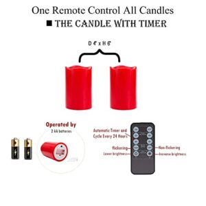 Urchoice Red Flameless Candles Battery Operated Pillar Real Wax Realistic Flickering Electric LED Candle(Dia 4" X H 6") Set of 2, with 10-Key Remote and Cycling 24 Hours Timer