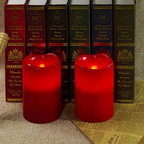 Urchoice Red Flameless Candles Battery Operated Pillar Real Wax Realistic Flickering Electric LED Candle(Dia 4" X H 6") Set of 2, with 10-Key Remote and Cycling 24 Hours Timer