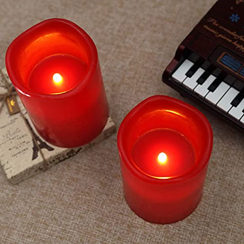 Urchoice Red Flameless Candles Battery Operated Pillar Real Wax Realistic Flickering Electric LED Candle(Dia 4" X H 6") Set of 2, with 10-Key Remote and Cycling 24 Hours Timer