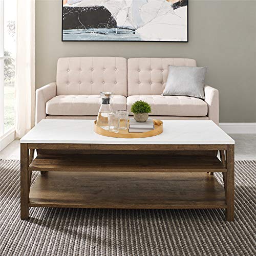 Walker Edison Modern Farmhouse A-Frame Wood Rectangle Coffee Table Living Room Ottoman Storage Shelf, 48 Inch, Natural Walnut