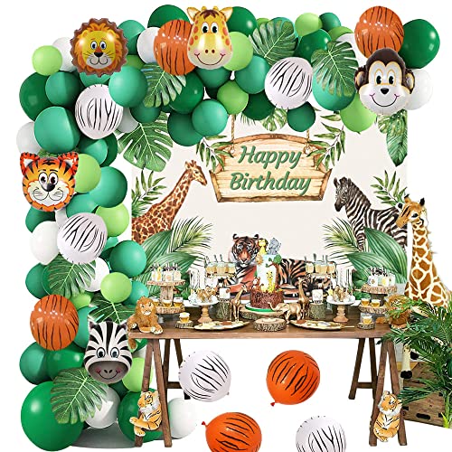 Safari Birthday Decorations for Boy Jungle Theme Party Supplies Green Balloon Garland Arch Kit with Happy Birthday Backdrop Animal Balloons Palm Leaves