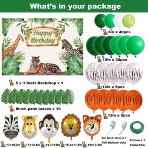 Safari Birthday Decorations for Boy Jungle Theme Party Supplies Green Balloon Garland Arch Kit with Happy Birthday Backdrop Animal Balloons Palm Leaves