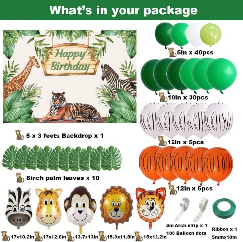 Safari Birthday Decorations for Boy Jungle Theme Party Supplies Green Balloon Garland Arch Kit with Happy Birthday Backdrop Animal Balloons Palm Leaves