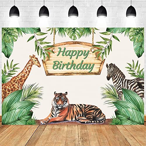 Safari Birthday Decorations for Boy Jungle Theme Party Supplies Green Balloon Garland Arch Kit with Happy Birthday Backdrop Animal Balloons Palm Leaves