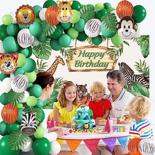 Safari Birthday Decorations for Boy Jungle Theme Party Supplies Green Balloon Garland Arch Kit with Happy Birthday Backdrop Animal Balloons Palm Leaves