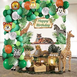 Safari Birthday Decorations for Boy Jungle Theme Party Supplies Green Balloon Garland Arch Kit with Happy Birthday Backdrop Animal Balloons Palm Leaves