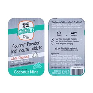 dr. ginger's white charcoal toothpaste tablets, eco-friendly travel chewable tabs for whitening, fresh breath, & gum support, enamel-safe, coconut mint flavor, fluoride-free 0.75oz tin, 60 tablets