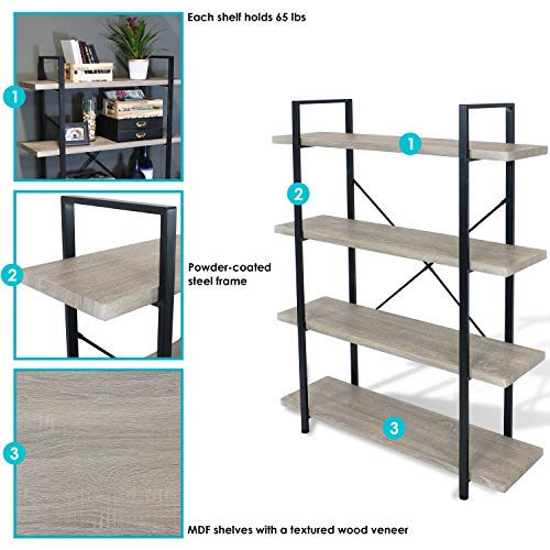 Sunnydaze 4-Tier Bookshelf - Industrial Style with Freestanding Open Shelves with Veneer Finish - Oak Gray