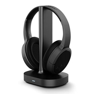 brookstone airphones wireless rf over ear headphones with wireless transmitting audio/charging dock, 10 hrs playtime, deep bass 40mm driver, comfortable ear-pads, for tvs, phones