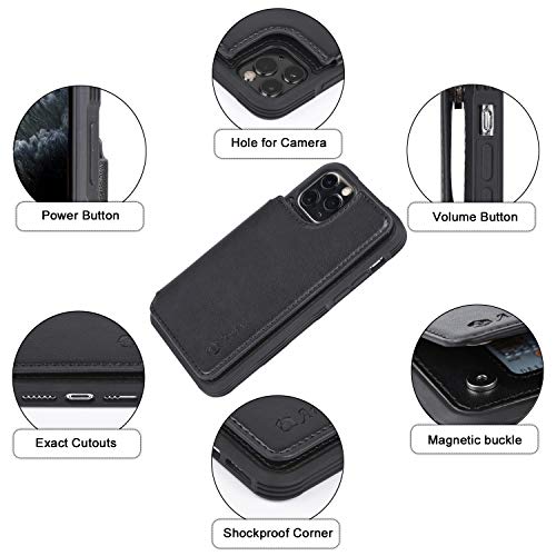 Arae Case for iPhone 12 and iPhone 12 Pro - Wallet Cover with PU Leather Card Holder - Black