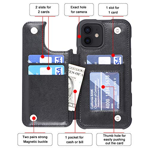 Arae Case for iPhone 12 and iPhone 12 Pro - Wallet Cover with PU Leather Card Holder - Black