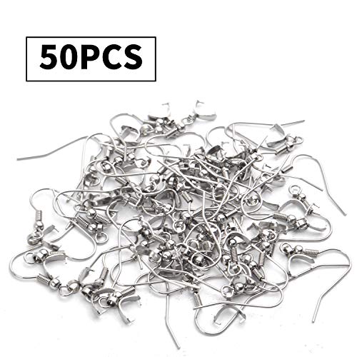 Hypoallergenic Earring Hooks,50pcs Stainless Steel French Earring Hooks Wire Ear Ball Hooks with Pendant Clasp for Jewelry Earring Making Crafts DIY,Silver