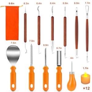 AnNido Halloween Pumpkin Carving Kit, 11 Pieces Professional Pumpkin Cutting Supplies Tools with 12 Pumpkin LED Candles, Stainless Steel Jack-O-Lanter Carving Knife Set for Halloween Decoration