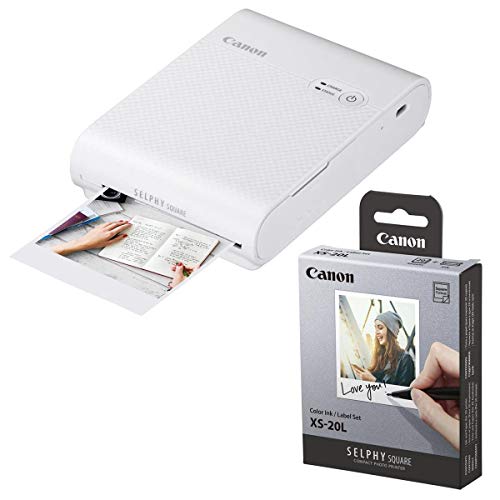 Canon SELPHY Square QX10 Compact Photo Printer, White - with Canon SELPHY Color Ink/Label Set XS-20L 20 Sheets