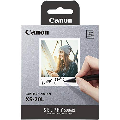 Canon SELPHY Square QX10 Compact Photo Printer, White - with Canon SELPHY Color Ink/Label Set XS-20L 20 Sheets