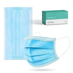 50pcs disposable face masks by huuman, 3-ply non-sterile procedural masks, dust resistant filter, breathable, adjustable nose bridge, pack of 50 comfortable face masks usa assembled