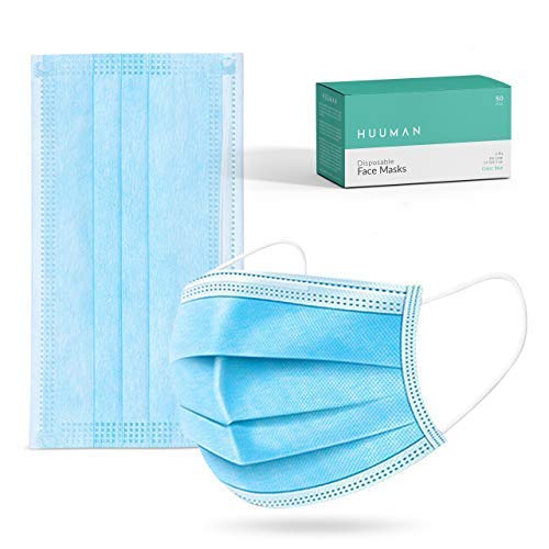 50pcs Disposable Face Masks by HUUMAN, 3-Ply Non-Sterile Procedural Masks, Dust Resistant Filter, Breathable, Adjustable Nose Bridge, Pack of 50 Comfortable Face Masks USA Assembled